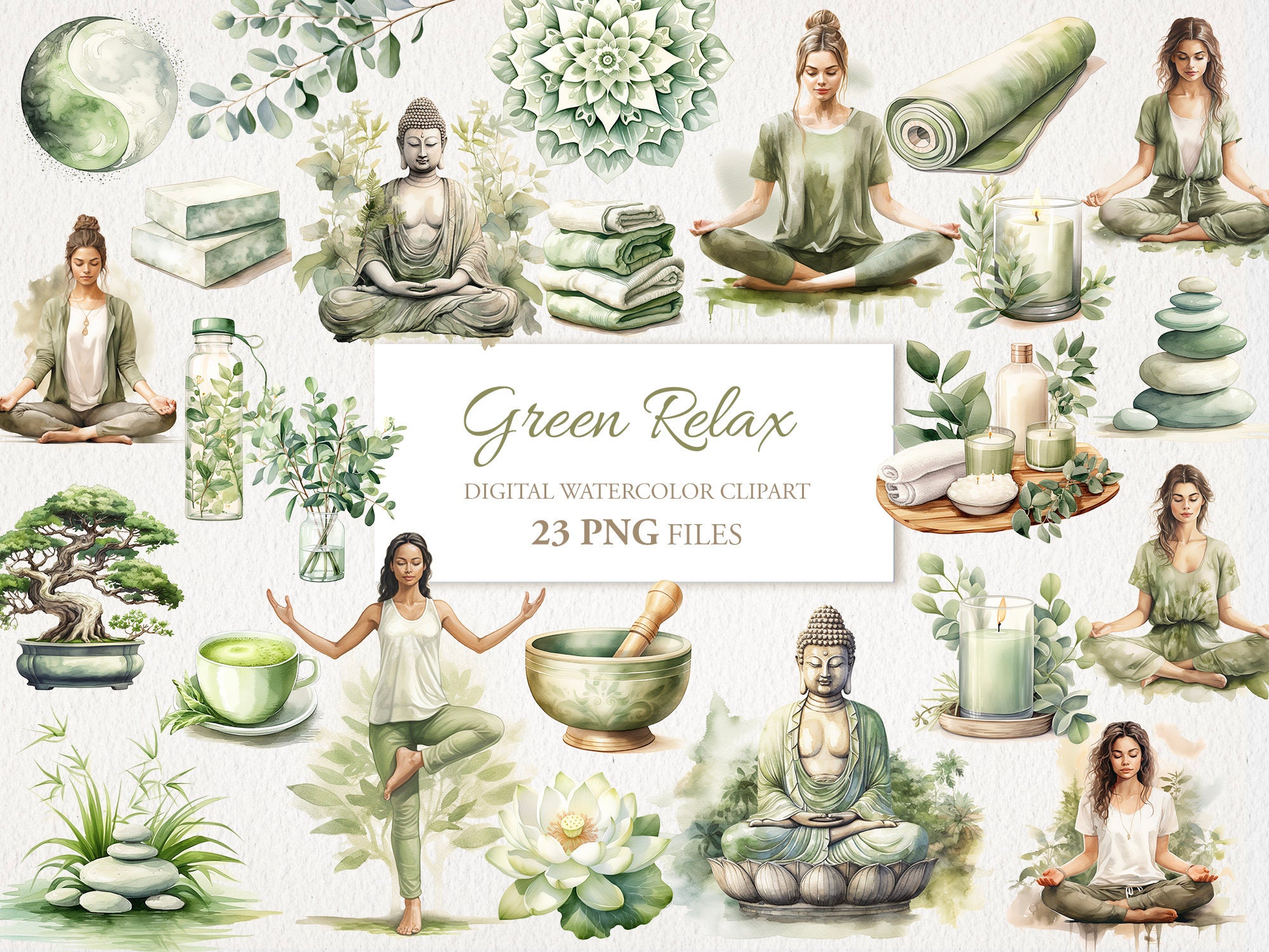 Green Relax Watercolor Clipart PNG Bundle. Yoga,meditation. AI ...