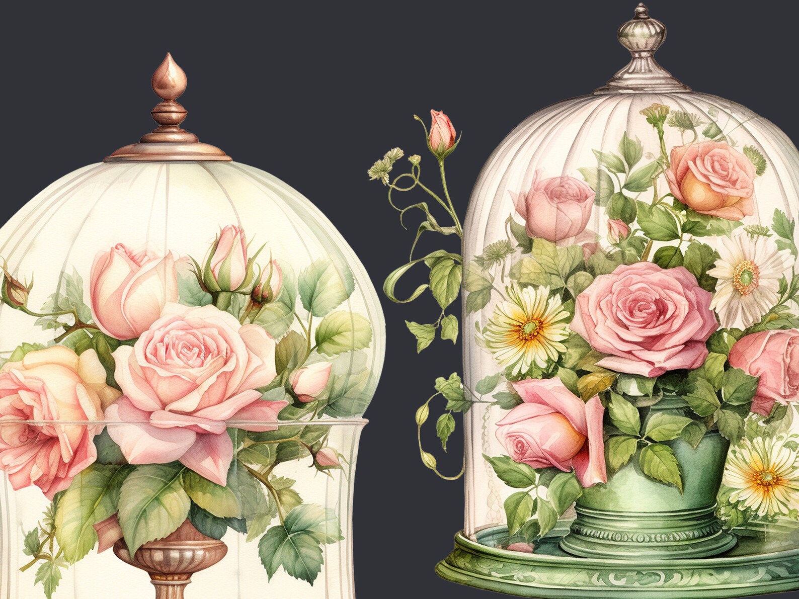 Floral Bell Jars Watercolor Clipart PNG Bundle. Vintage Flowers Clip ...