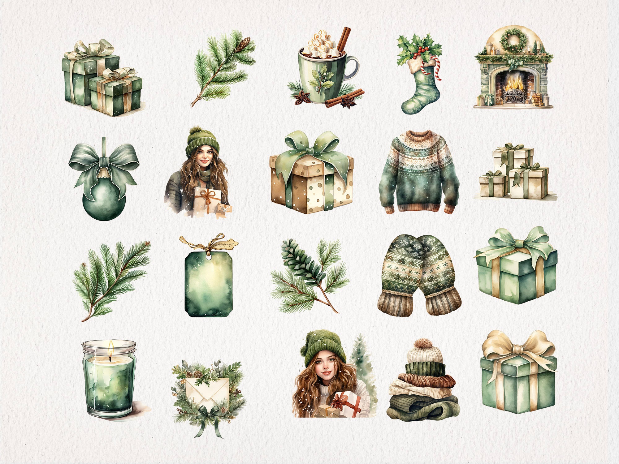 Cozy Green Christmas Winter Watercolor Clipart PNG Bundle. AI ...