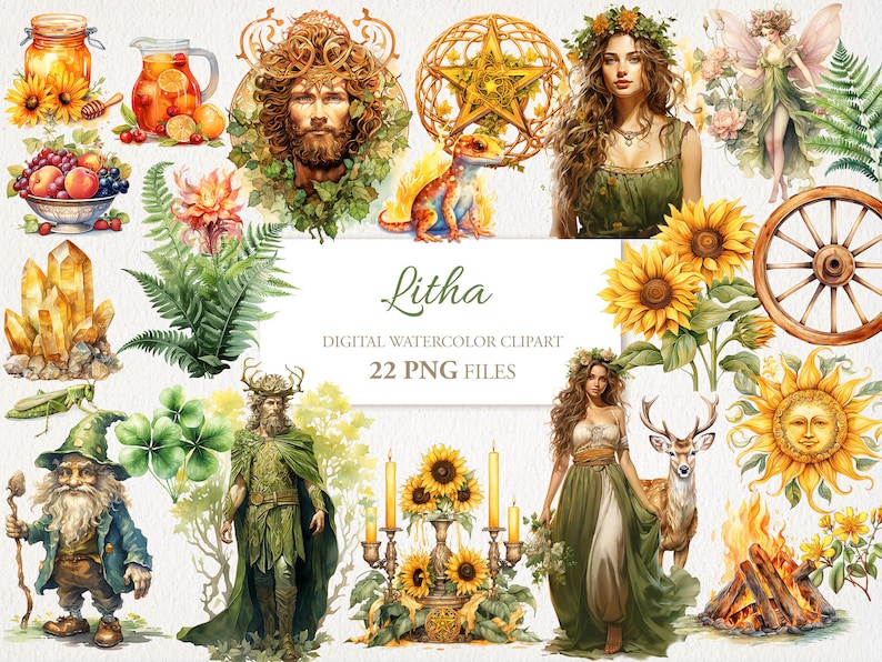 Litha Wicca Wiccan Celtic Neopagan Watercolor Clipart. PNG Bundle. AI ...