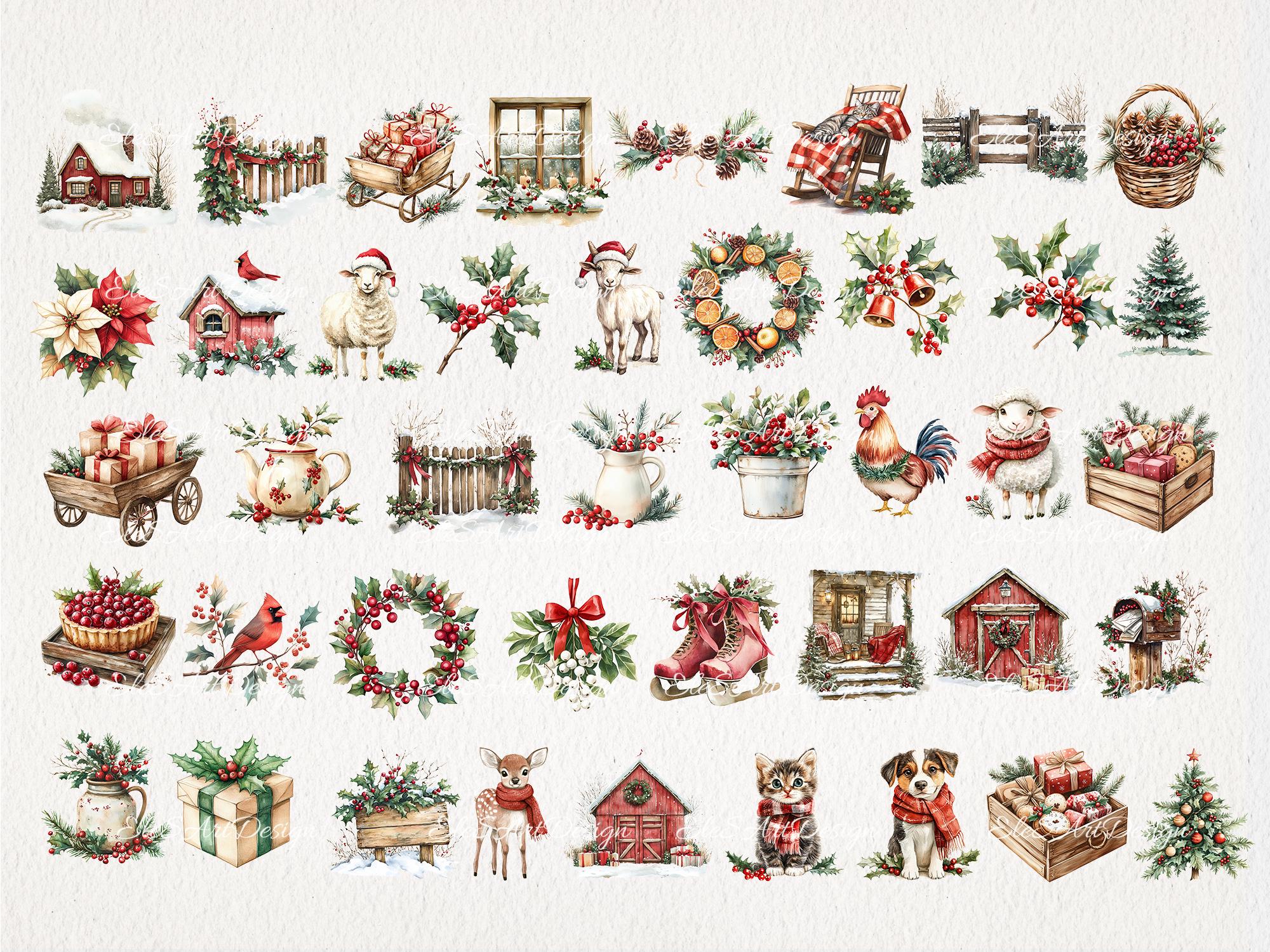 Country Christmas Winter Watercolor Clipart Bundle. AI Illustration ...