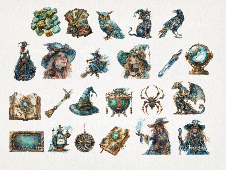 Steampunk Witch Witchcraft Watercolor Clipart PNG Bundle. AI Illustration. Instant Download ...