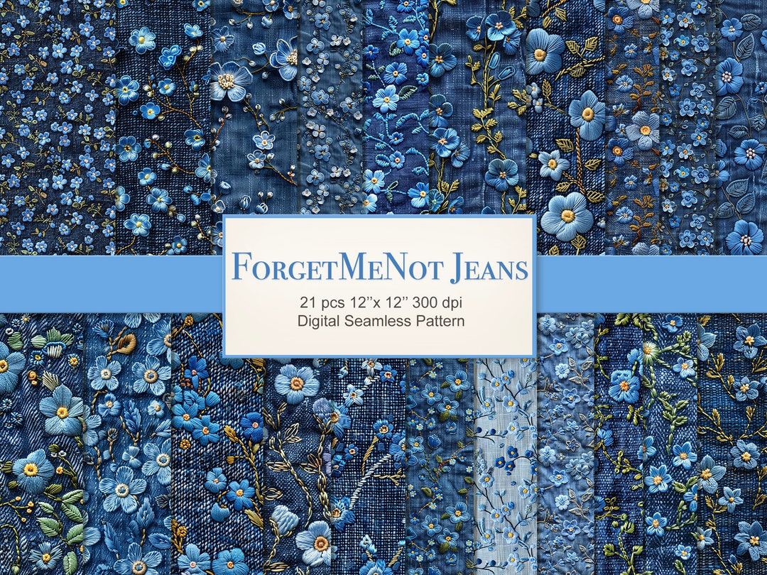 Forget Me Not Jeans Denim Floral Flowers Seamless Pattern Paper Pages. Commercial Use. Crafting ...