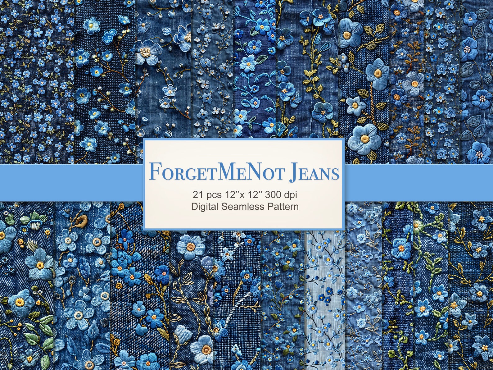 Forget Me Not Jeans Denim Floral Flowers Seamless Pattern Paper Pages ...