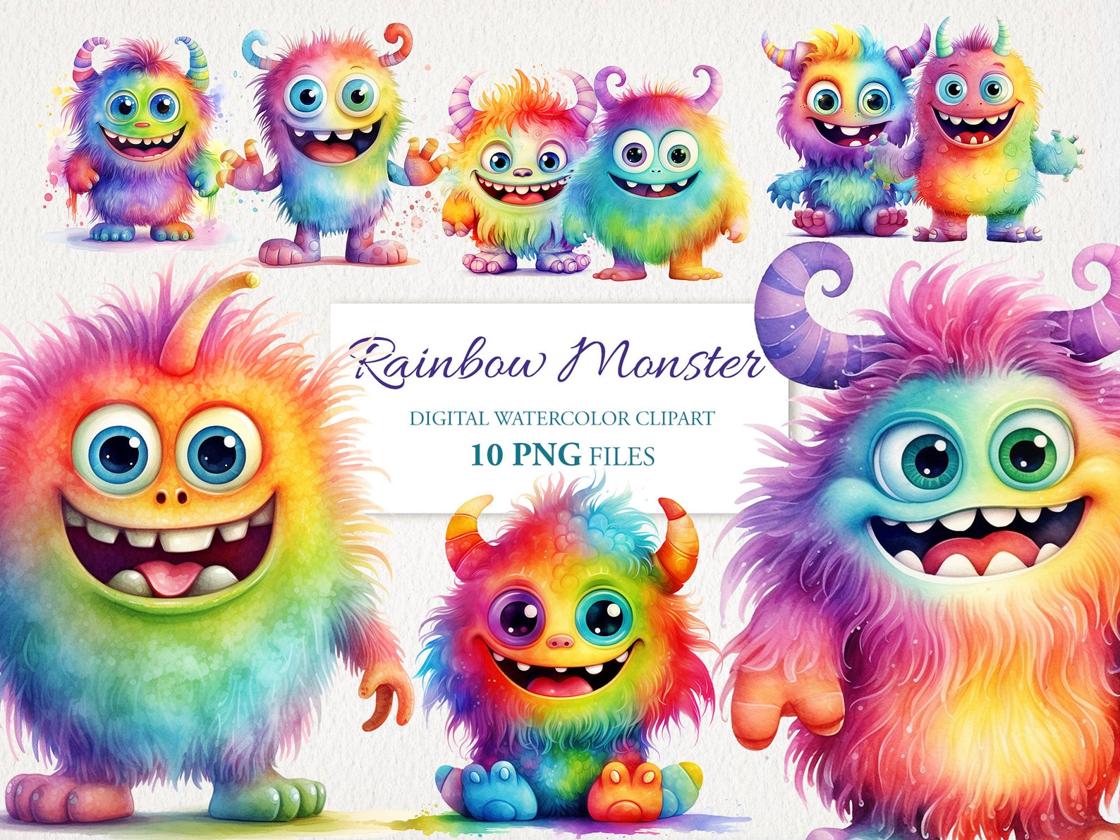 Cute Rainbow Monster Watercolor Clipart PNG Bundle. Children Nursery ...
