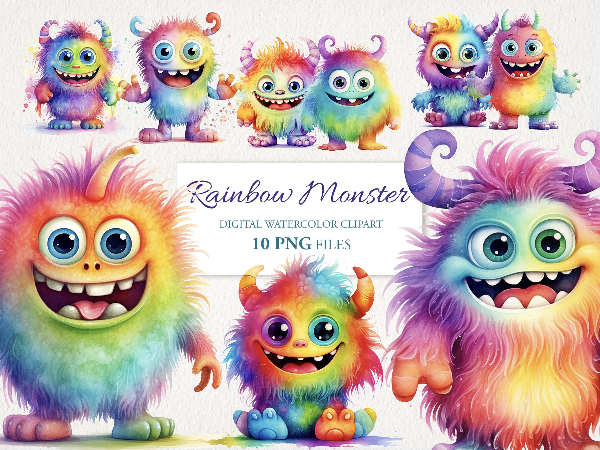 Cute Rainbow Monster Watercolor Clipart PNG Bundle. Children Nursery ...