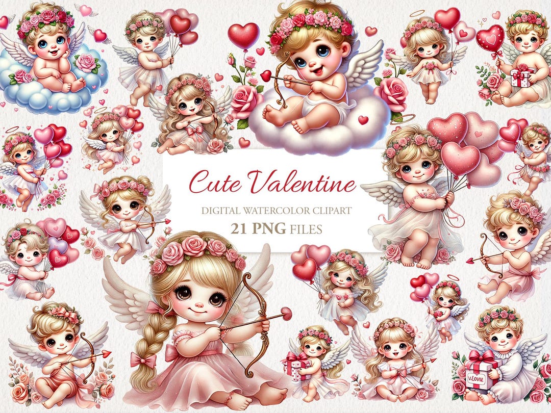 Cute Valentine Cupid Cherub Girl Boy Clipart Bundle. AI Illustration ...