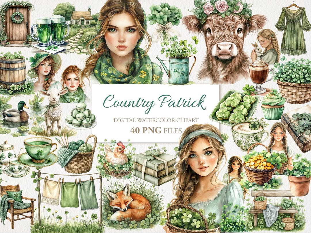 Country Girly St Patrick Day Irish Farm Watercolor Illustration Clipart ...