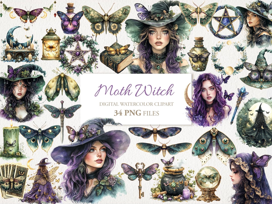 Moth Witch Magic Watercolor Clipart Bundle. AI Illustration. Commercial ...