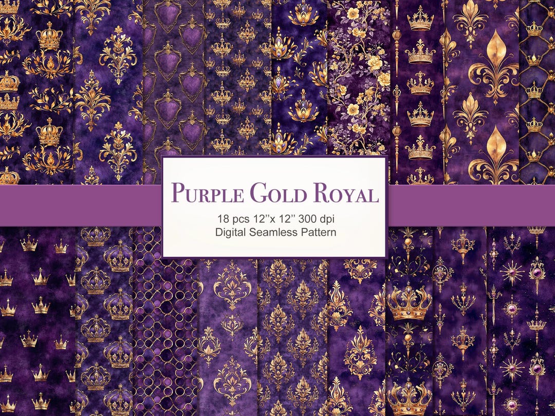 Purple Golden Seamless Pattern Paper Pages. Victorian Damask Floral ...