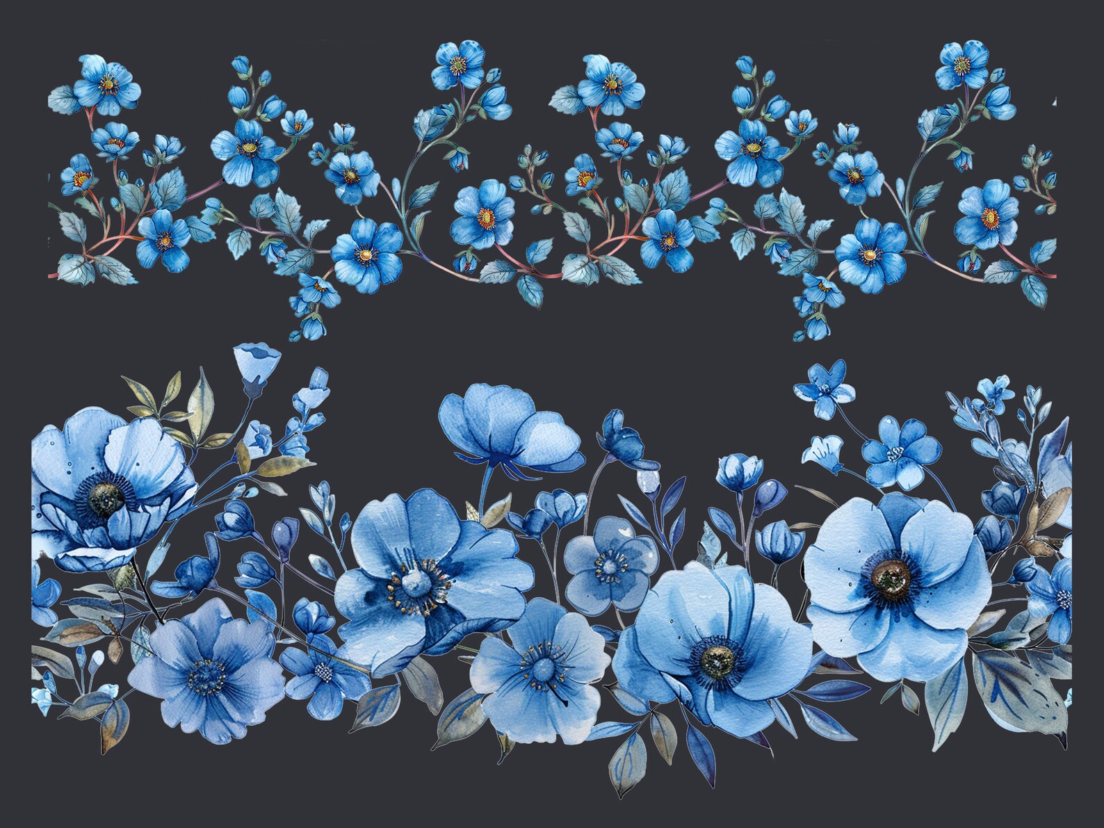 Blue Flowers Floral Seamless Border Watercolor Clipart 33 PNG Bundle ...