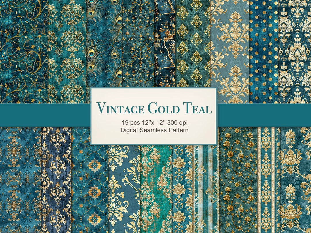 Vintage Gold Teal Seamless Pattern Paper Pages. Victorian, Damask ...