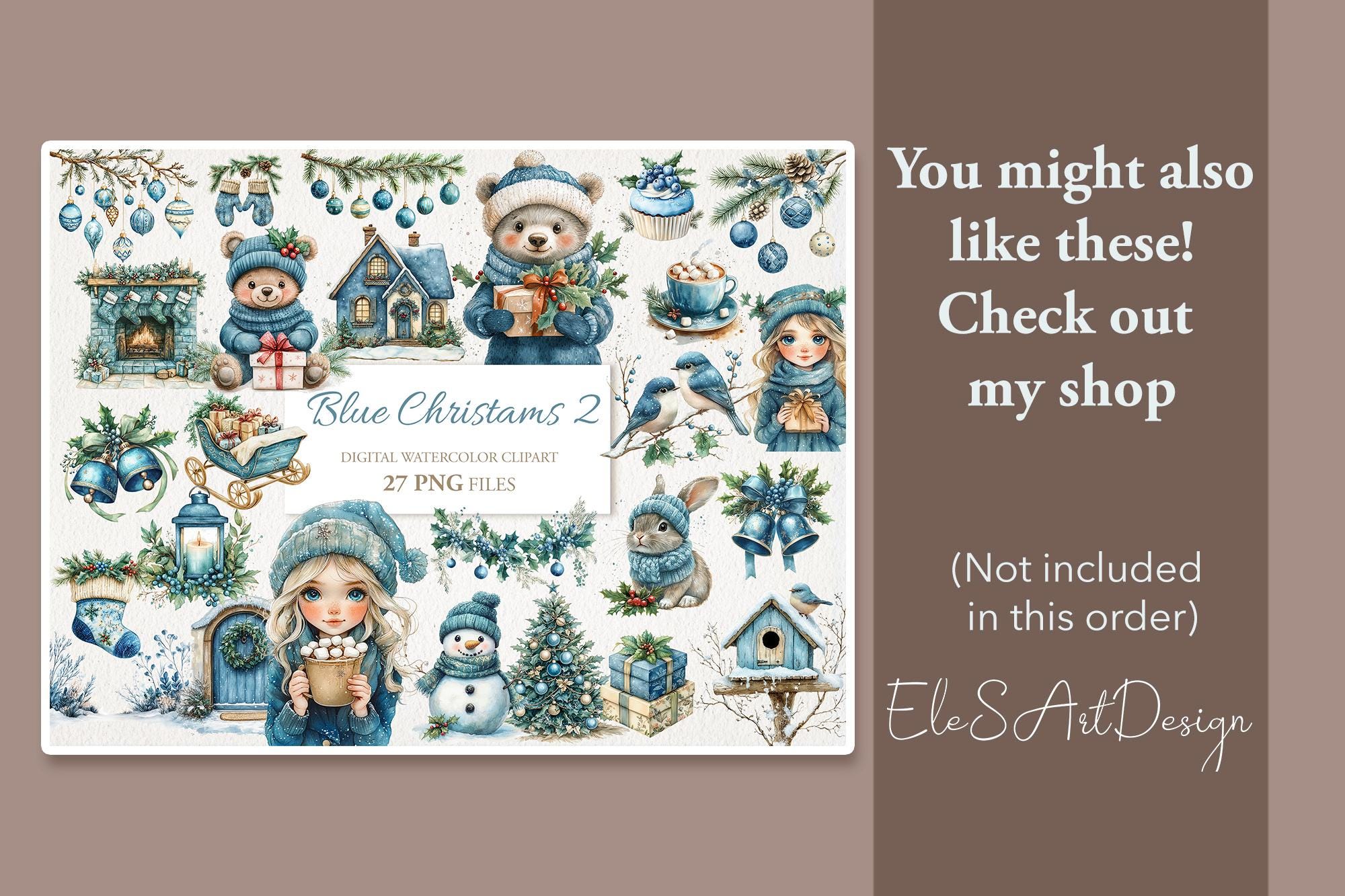 Blue Christmas Magic Winter Cozy Watercolor Clipart Bundle. AI ...