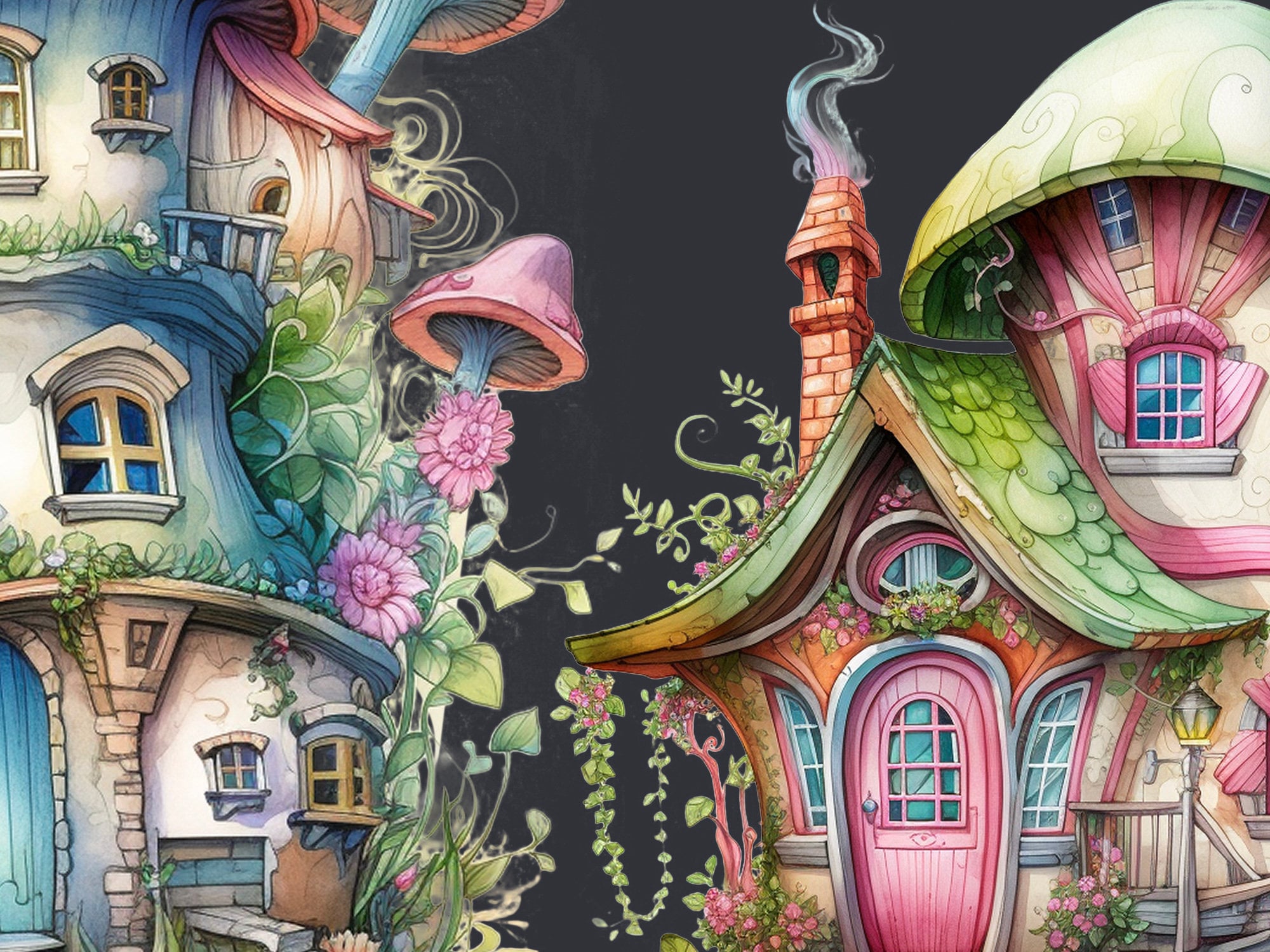 Fairy Houses Watercolor Clipart PNG Bundle. Pumpkin, Witch House ...