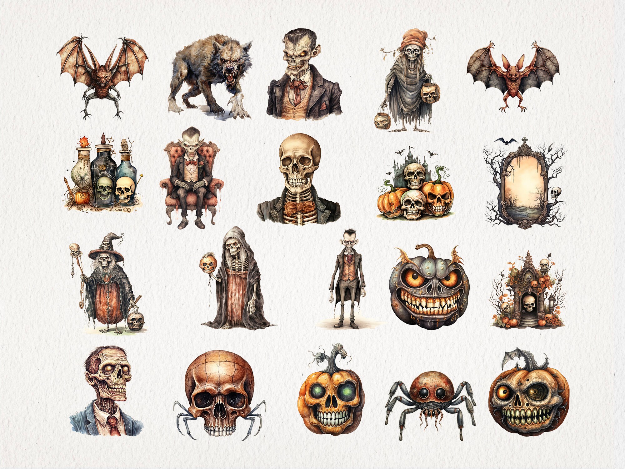 Creepy Spooky Halloween Watercolor Clipart PNG Bundle. - Etsy
