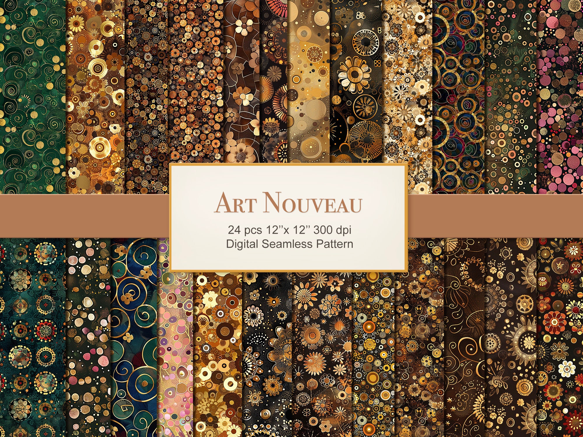Art Nouveau Seamless Pattern. Dark Brown Gold Digital Craft Paper ...