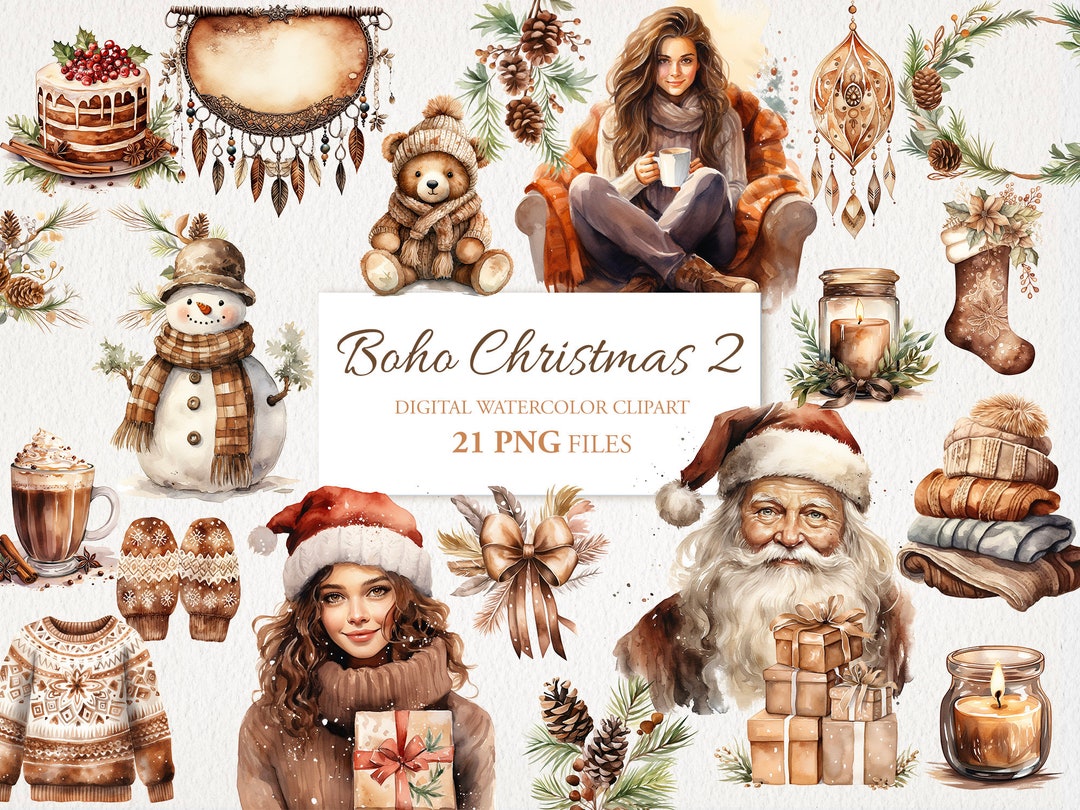 Boho Brown Christmas Winter Watercolor Clipart PNG Bundle. AI ...