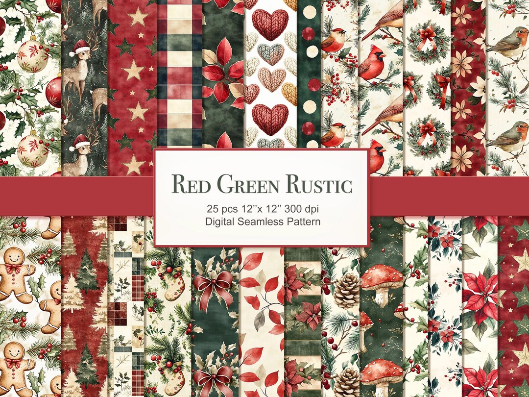 Rustic Christmas Seamless Pattern. Red Green Cottagecore Digital Craft ...