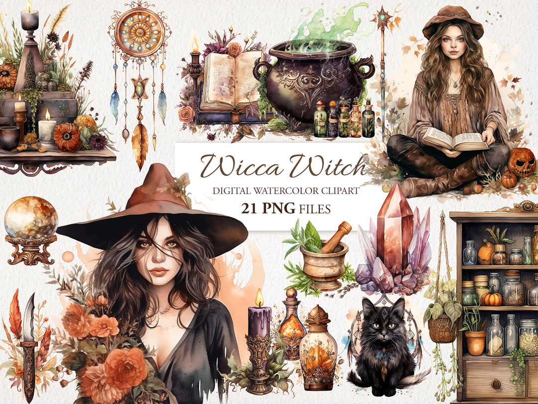 Wicca Witch Boho Earth Witchcraft Watercolor Clipart PNG Bundle AI ...
