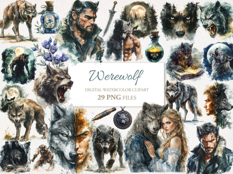 Werewolf Folklore Creature Watercolor Magic Fantasy Clipart PNG Bundle ...