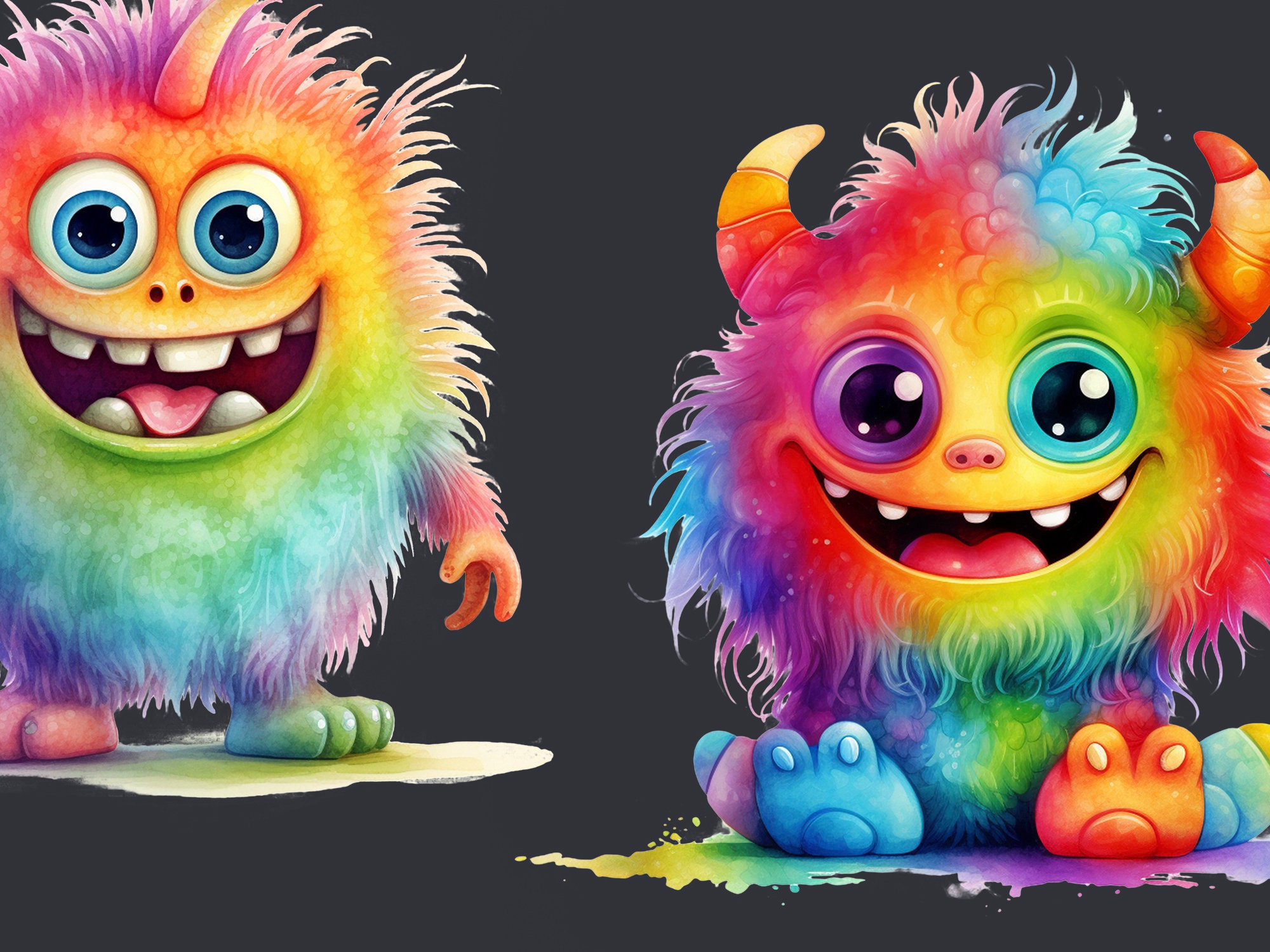 Cute Rainbow Monster Watercolor Clipart PNG Bundle. Children Nursery ...
