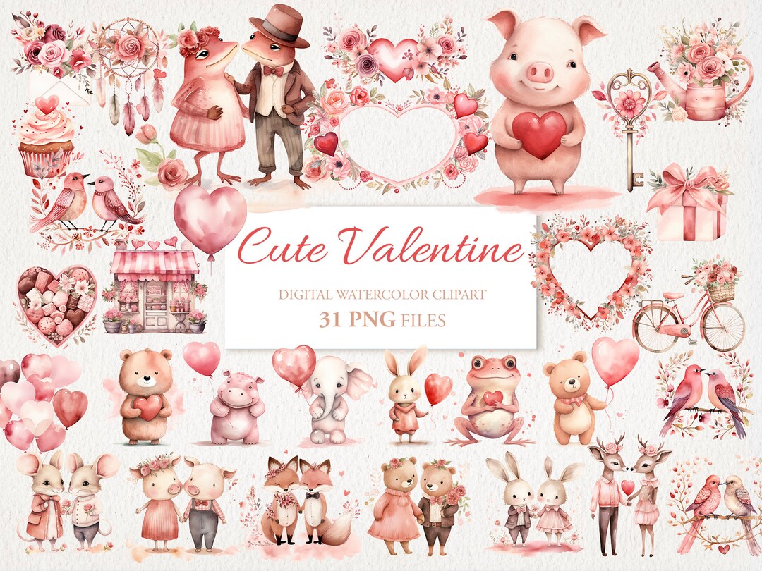 Cute Valentine Watercolor Clipart PNG Bundle. Love Animals. AI ...