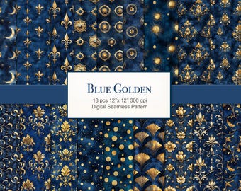 Royal Blue and Gold Digital Paper, Seamless Gold Patterns, Crown, Owl ...