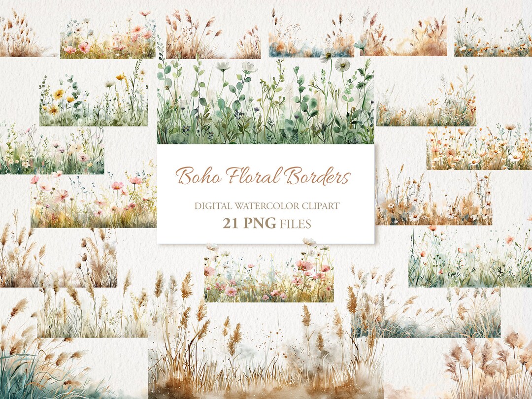 Boho Floral Border Watercolor Clipart 21 PNG Bundle. Wildflowers. AI ...