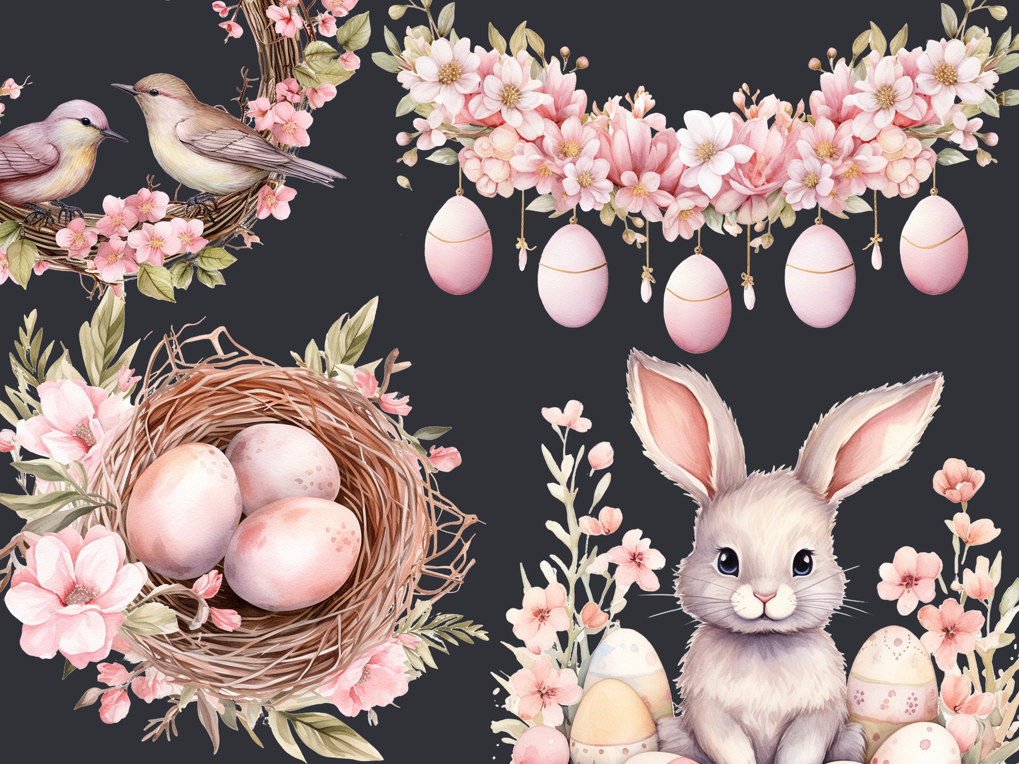 Pink Easter Watercolor Clipart PNG Bundle. Rabbit, Eggs. AI ...