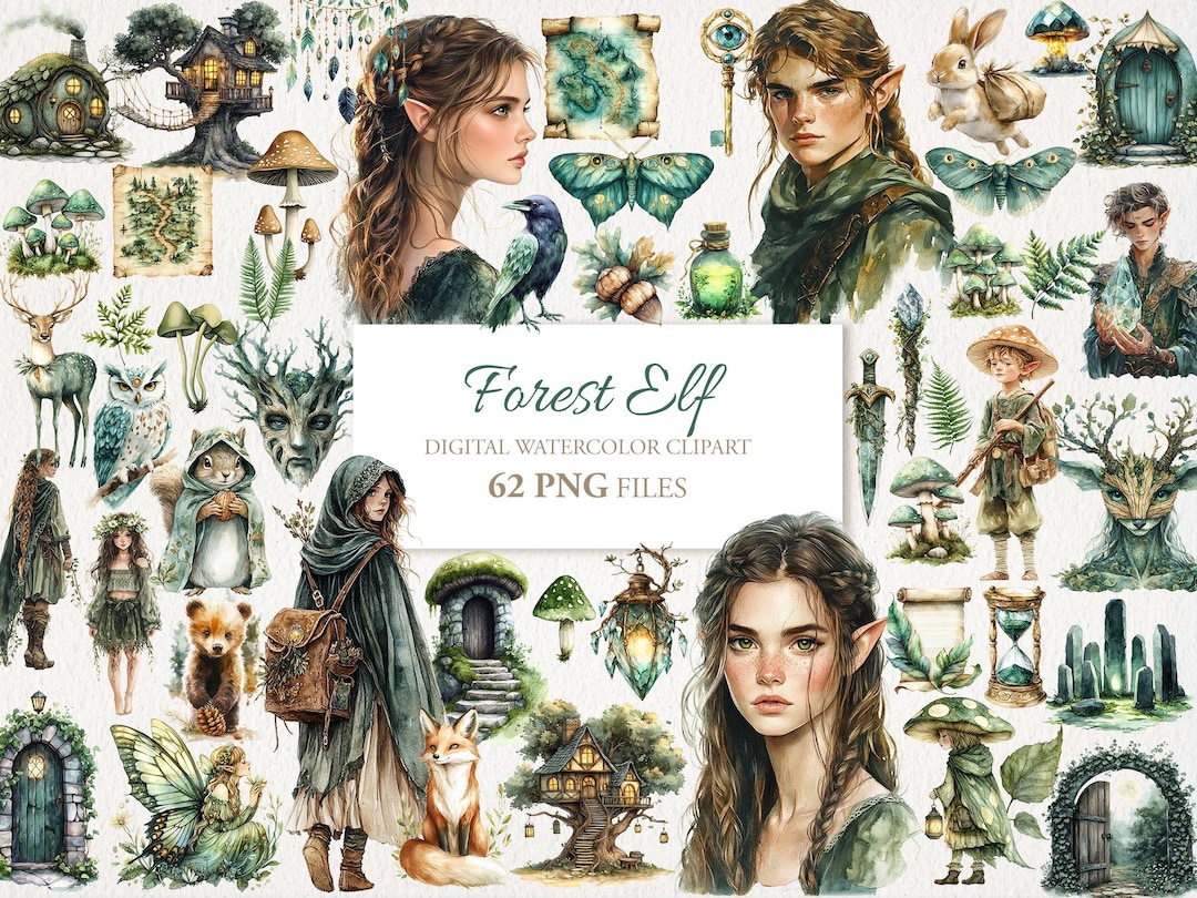 Forest Green Elf Elves Fairy Watercolor Clipart PNG Bundle. Commercial ...
