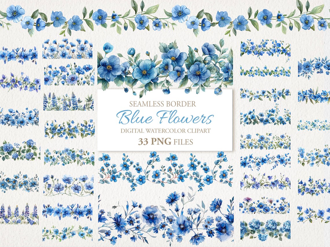Blue Flowers Floral Seamless Border Watercolor Clipart 33 PNG Bundle ...