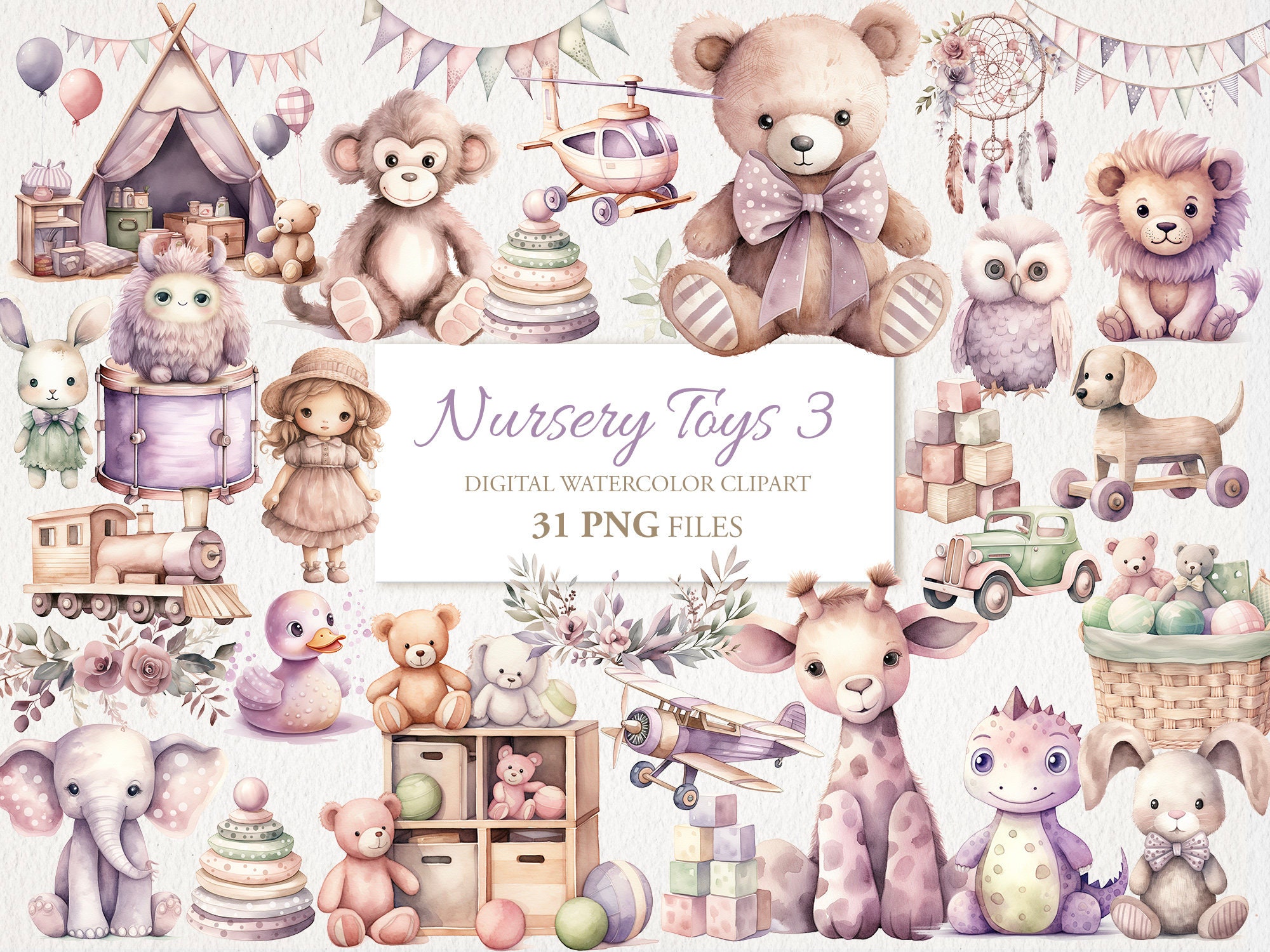 Nursery Toys Newborn Room Watercolor Clipart PNG Bundle. Baby Children ...