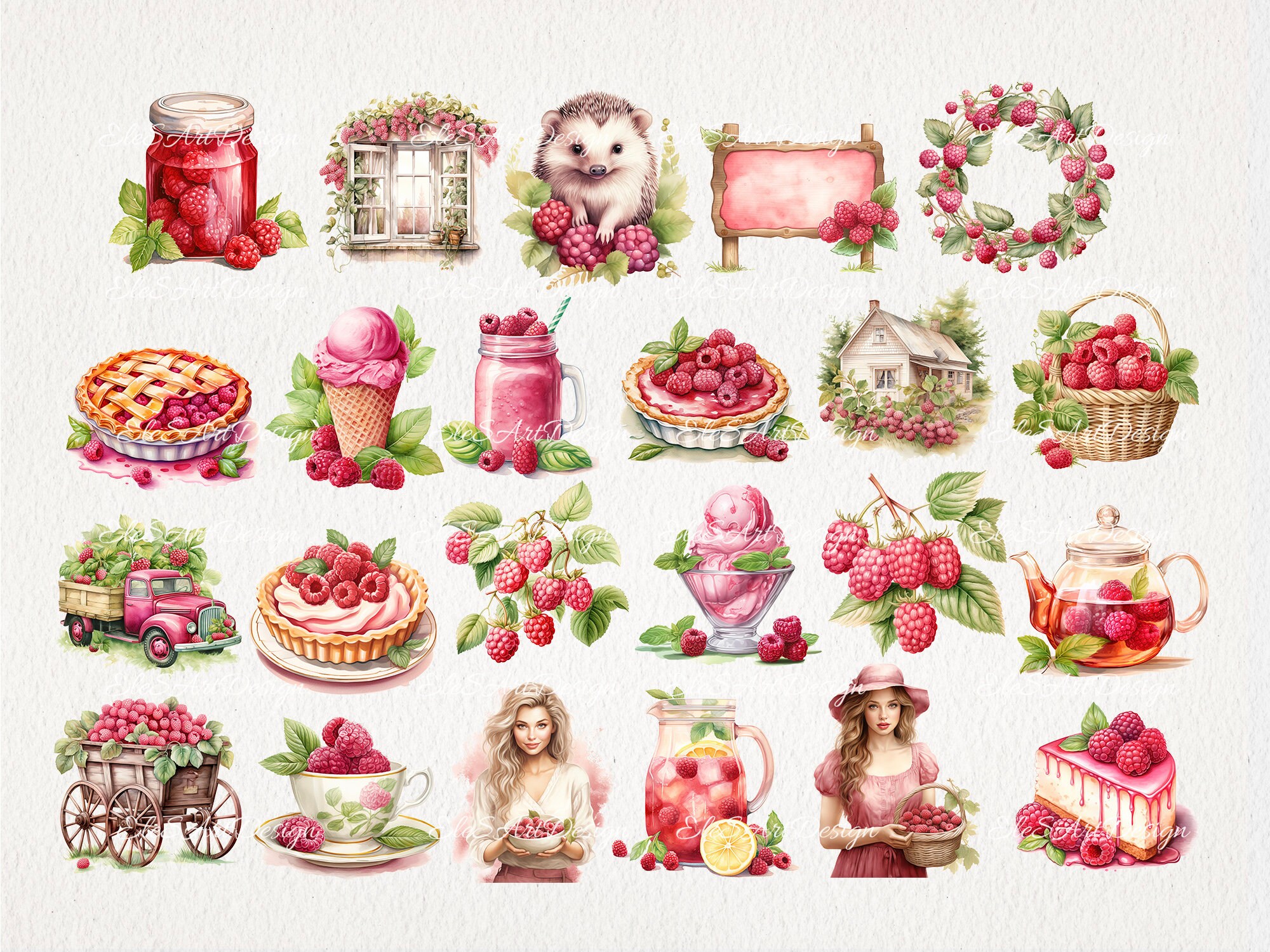 Raspberry Berry Farm Summer Watercolor Clipart PNG Bundle. AI Illustration. Instant Download for ...