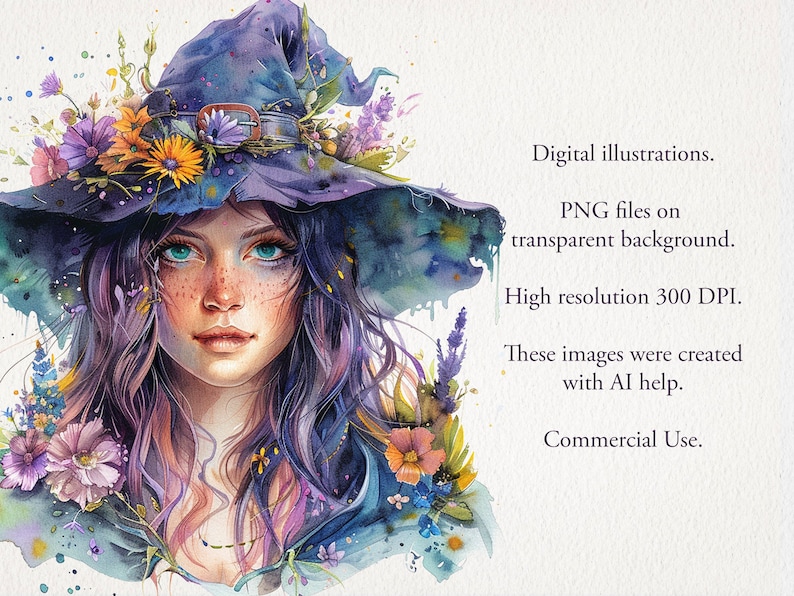 Spring Witch Witchcraft Watercolor Clipart PNG Bundle. AI Illustration ...
