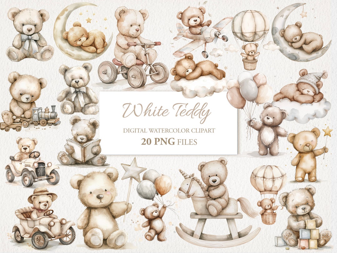 White Teddy Bear Watercolor Clipart PNG Bundle. Children Nursery Art ...