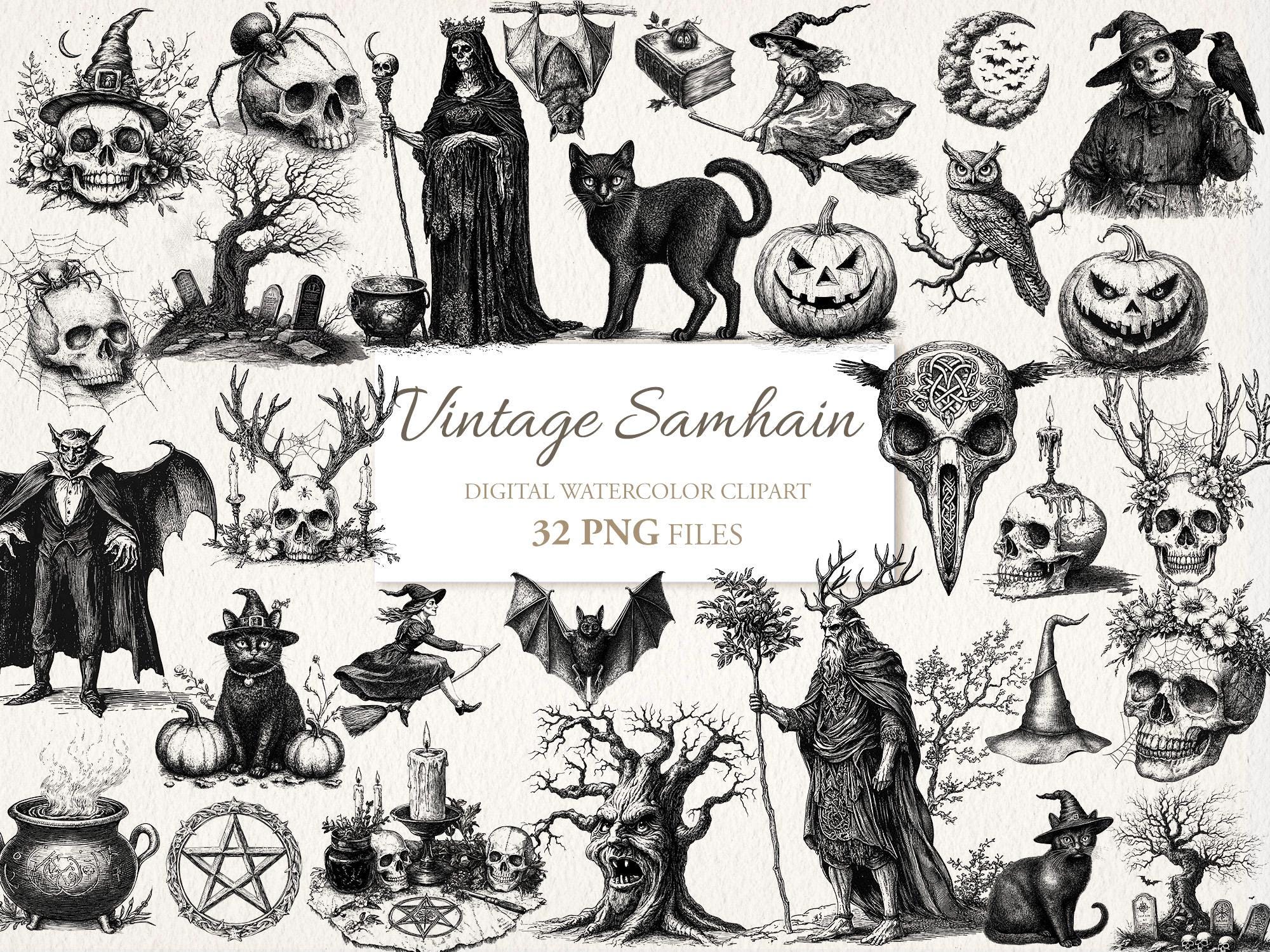 Vintage Samhain Wiccan Magic Line Art Clipart Bundle. Wicca Halloween ...