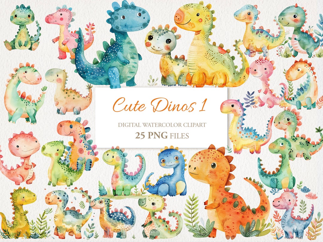 Cute Dino Dinosaur Character Watercolor Clipart PNG Bundle Children ...