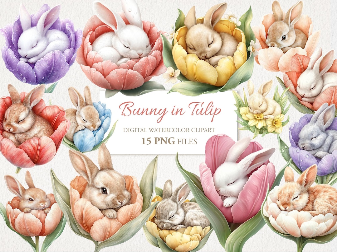 Cute Easter Bunny Rabbit in Tulip Flower. AI Illustration. Commercial ...
