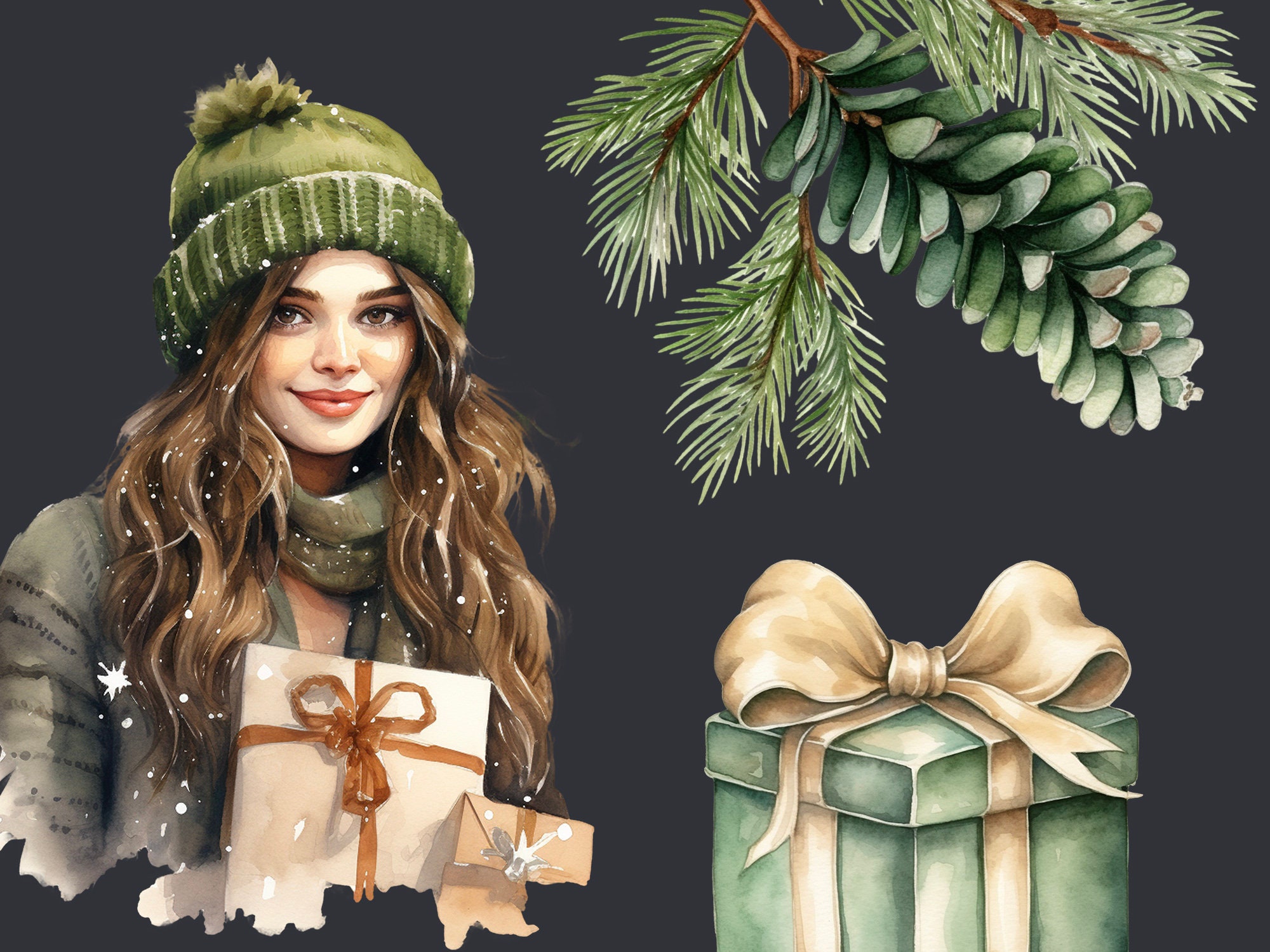 Cozy Green Christmas Winter Watercolor Clipart PNG Bundle. AI ...