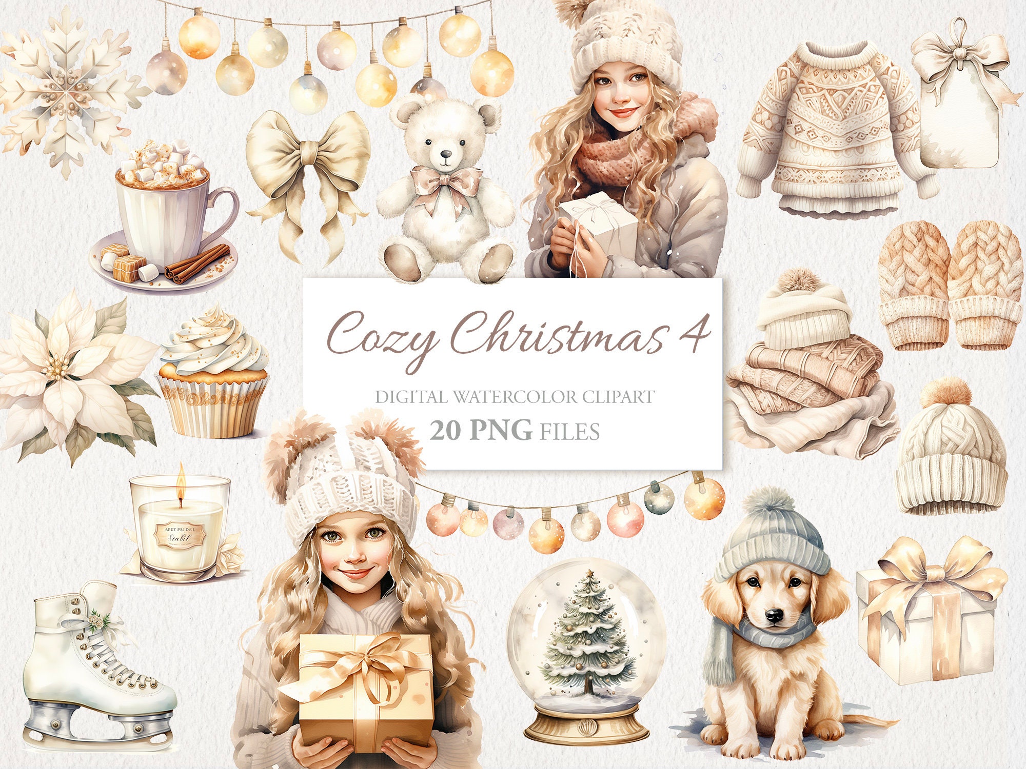 Cozy White Christmas Winter Watercolor Clipart PNG Bundle. AI ...