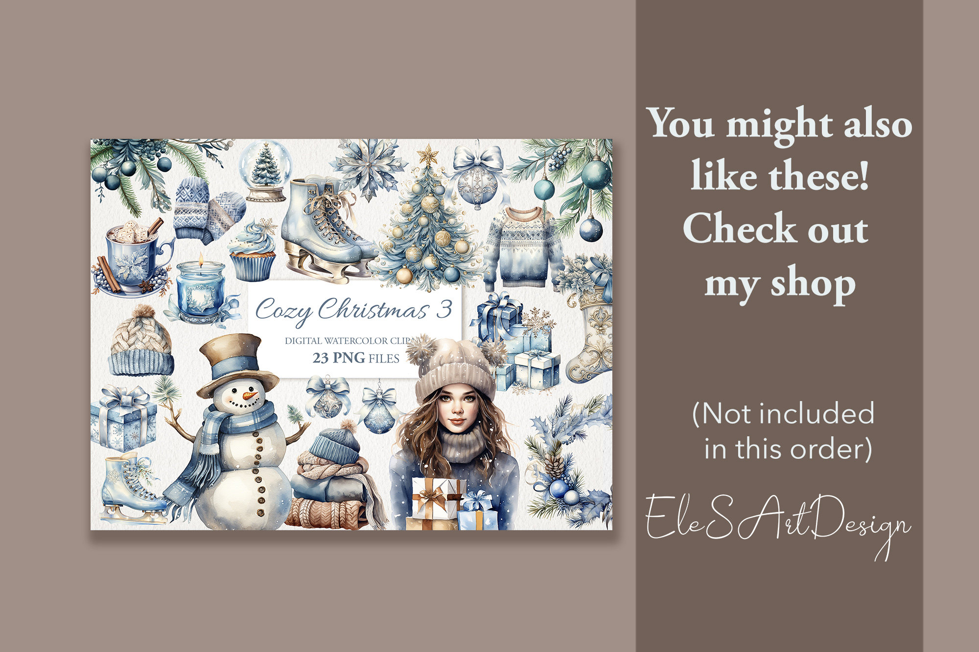 Cozy White Christmas Winter Watercolor Clipart PNG Bundle. AI ...