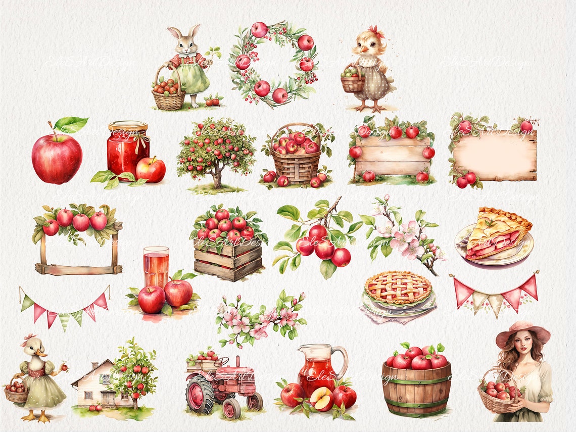 Apple Farm Summer Watercolor Clipart PNG Bundle. AI Illustration ...