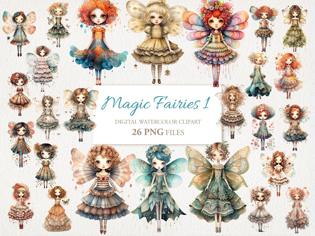Magic Whimsical Fantasy Fairy Girls Dolls Cartoons Watercolor Clipart ...