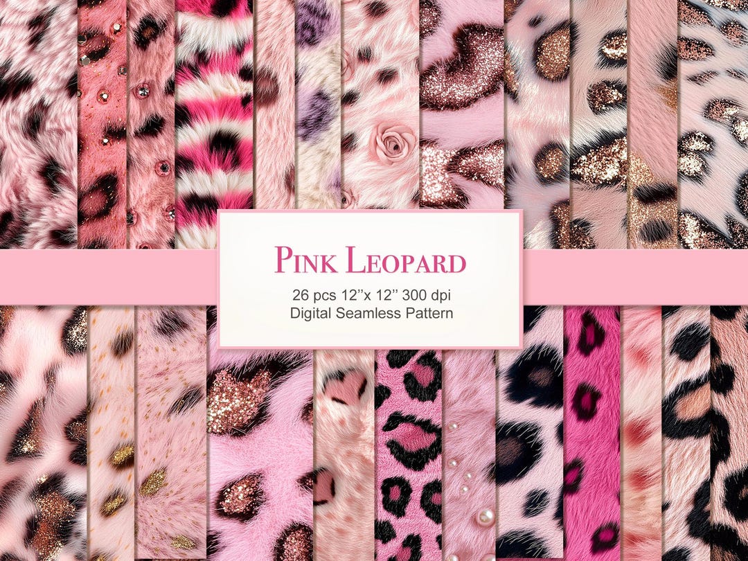 Pink Leopard Fur Seamless Pattern. Texture Digital Paper Bundle ...