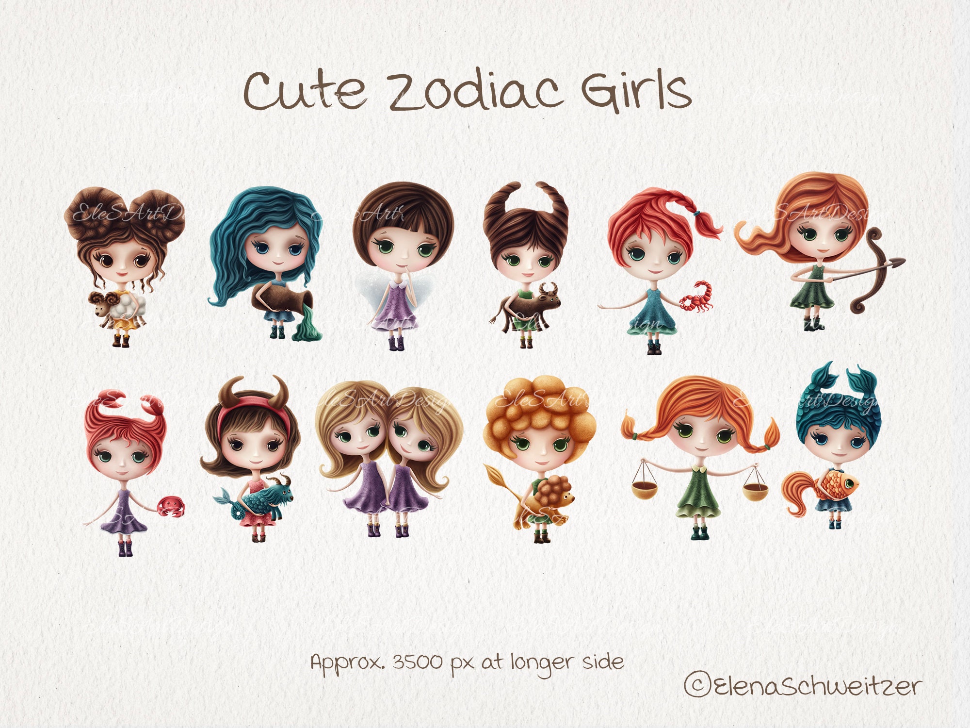 Zodiac Signs Cute Girls Dolls Cartoon Characters. Astrology - Etsy