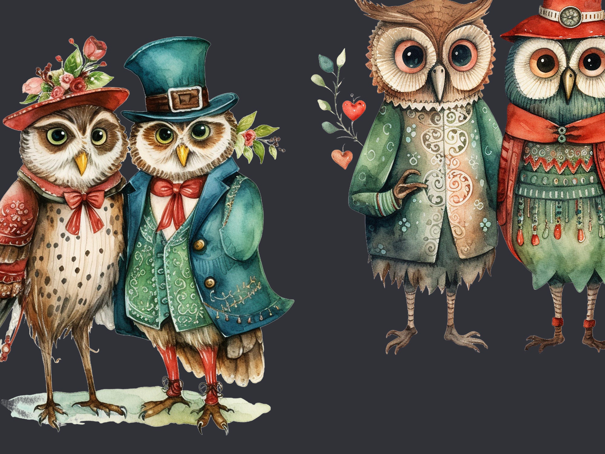Owls in Love Cartoon Watercolor Clipart PNG Bundle. Birds. AI ...