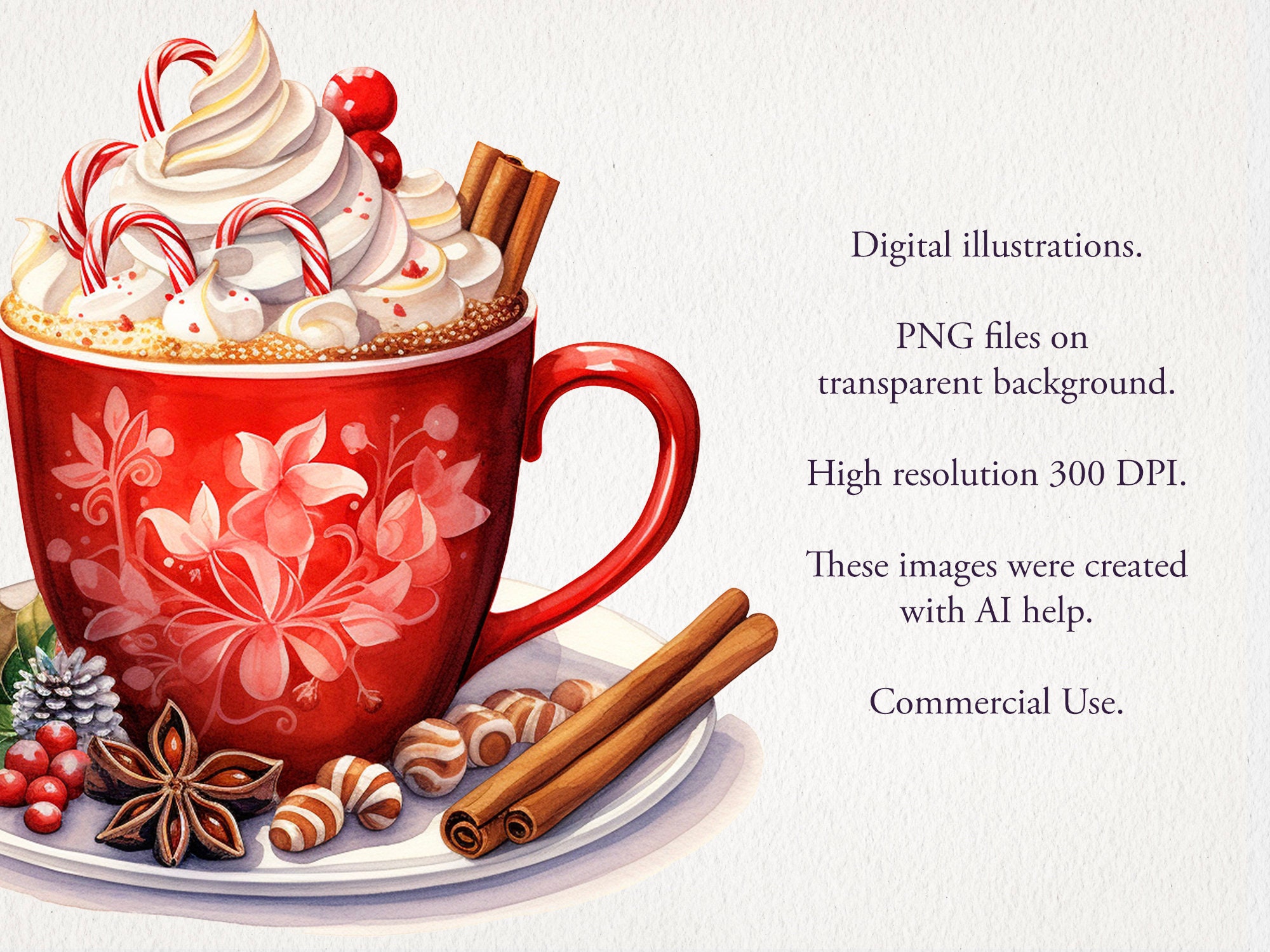 Hot Chocolate Christmas Winter Watercolor Clipart PNG Bundle. AI ...