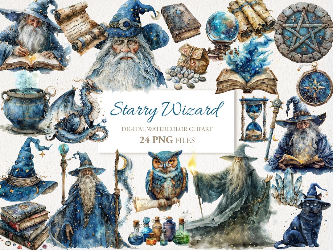 Starry Wizard Magic Watercolor Clipart PNG Bundle. Celestial Mage, AI ...