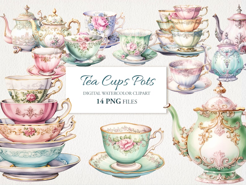 Tea Cup Pot. Vintage Teacup Teapot. Teatime. Watercolor Clipart PNG ...