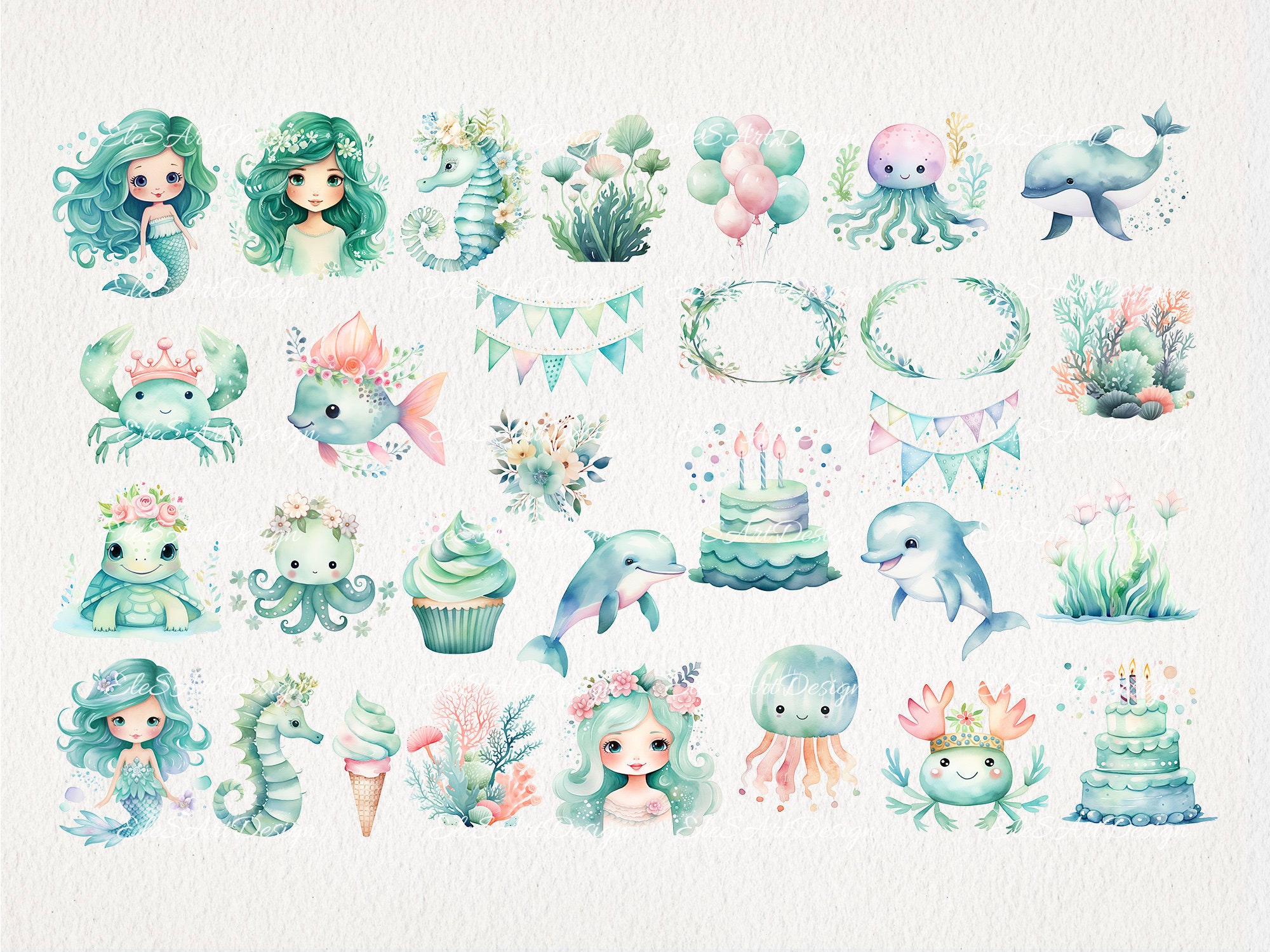 Cute Mermaid Watercolor Clipart PNG Bundle. Children Nursery Art. AI ...